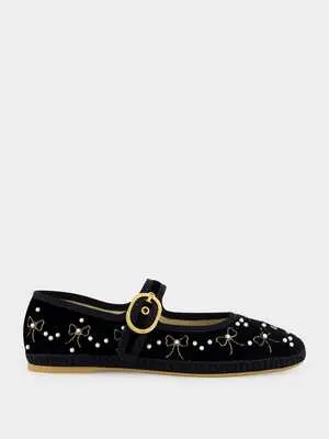Valentino Garavani Velvet Ballerinas With Beaded Bows - Black