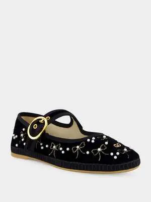 Valentino Garavani Velvet Ballerinas With Beaded Bows - Black