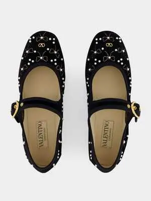 Valentino Garavani Velvet Ballerinas With Beaded Bows - Black