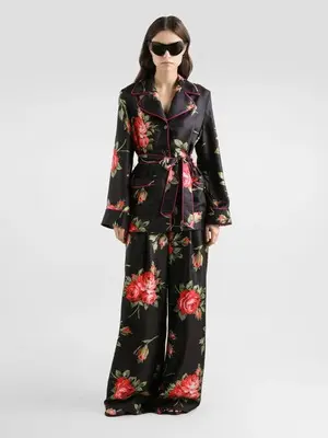 Dolce & Gabbana Rose Bouquet Print Wide Leg Twill Trousers