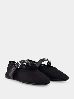 Miu Miu Mesh Ballerinas With Leather Strap - Black