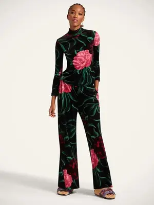 La DoubleJ Peony Velvet Stretch Palazzo Pants - Black