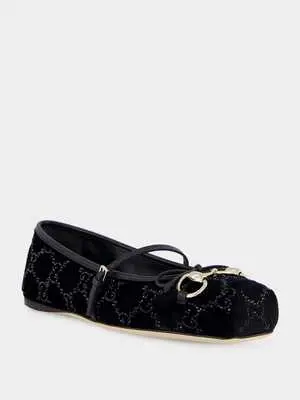 Gucci Velvet Gg Crystal Horsebit Ballet Flat - Black