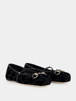 Gucci Velvet Gg Crystal Horsebit Ballet Flat - Black