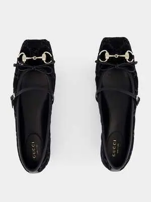 Gucci Velvet Gg Crystal Horsebit Ballet Flat - Black