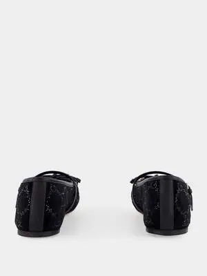 Gucci Velvet Gg Crystal Horsebit Ballet Flat - Black