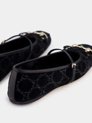 Gucci Velvet Gg Crystal Horsebit Ballet Flat - Black