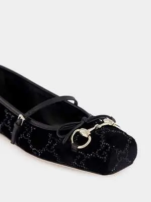 Gucci Velvet Gg Crystal Horsebit Ballet Flat - Black