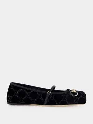 Gucci Velvet Gg Crystal Horsebit Ballet Flat - Black
