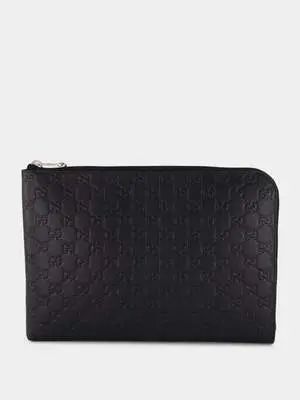 Gucci Gg Leather Monogram Pouch - Black