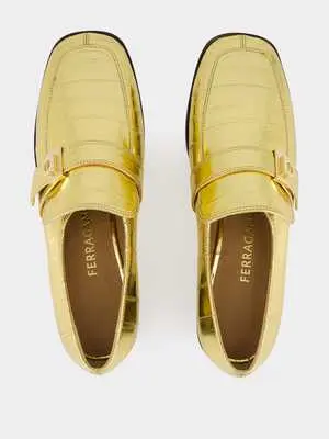 FERRAGAMO Laminated Loafers With Buckle Detail - Gold