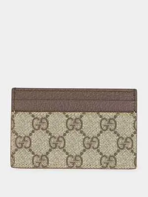 Gucci Gg Supreme Card Case With Brown Leather Trim - Beige