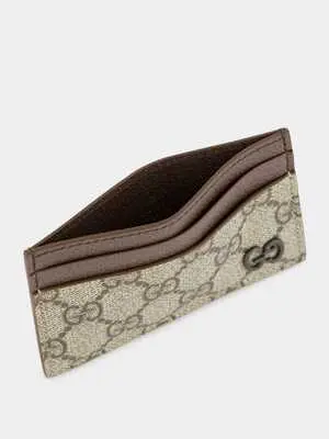 Gucci Gg Supreme Card Case With Brown Leather Trim - Beige