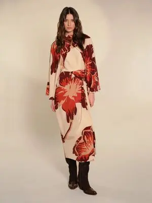 Johanna Ortiz Floral-print Silk Midi Dress With Cape - Beige