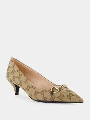 Gucci Gg Canvas Pump With Horsebit - Beige