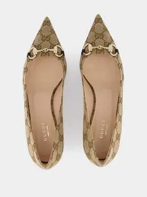 Gucci Gg Canvas Pump With Horsebit - Beige