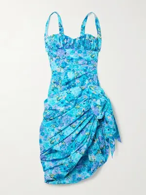 Chloé Asymmetric Bow-detailed Floral-print Mini Dress - Blue