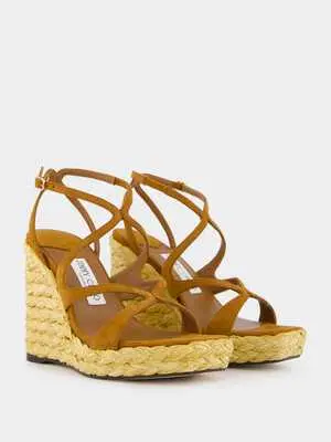 JIMMY CHOO Ayla 110 Suede Wedge Sandals With Raffia - Brown