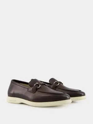 FERRAGAMO Dark Calfskin Loafers With Gancini Ornament - Brown