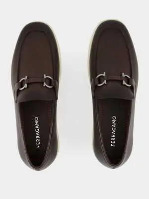 FERRAGAMO Dark Calfskin Loafers With Gancini Ornament - Brown