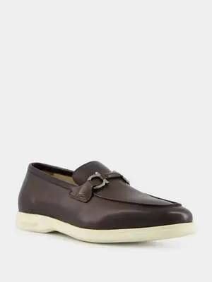 FERRAGAMO Dark Calfskin Loafers With Gancini Ornament - Brown