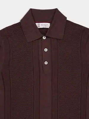 Brunello Cucinelli Dark Cotton Knit Polo With Jacquard Stripes