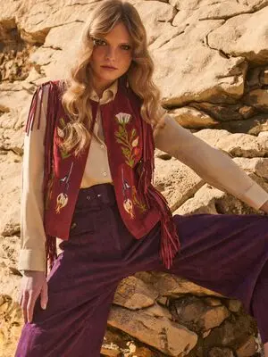 PAULA Cassiopeia Embroidered Suede Fringe Vest - Burgundy