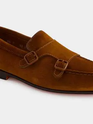 Santoni Suede Double Buckle Loafers - Brown