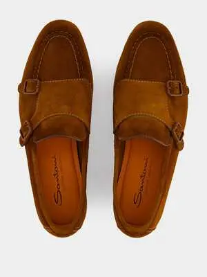 Santoni Suede Double Buckle Loafers - Brown