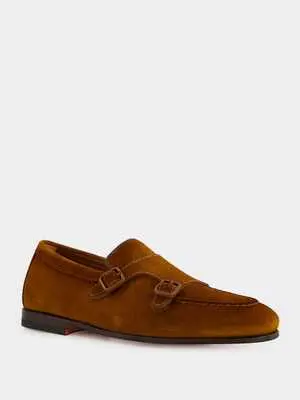 Santoni Suede Double Buckle Loafers - Brown