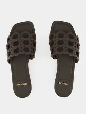 FERRAGAMO Gancini Chain Leather Slides - Brown