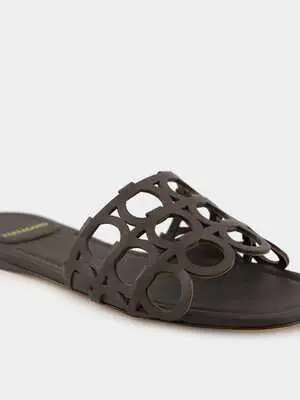 FERRAGAMO Gancini Chain Leather Slides - Brown