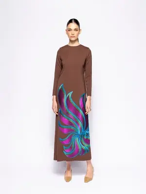 PAULA Kentia Coffee Bean Embroidered Maxi Dress - Brown
