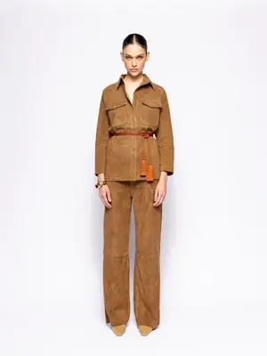 PAULA Frank Caramel Café Embroidered Suede Overshirt