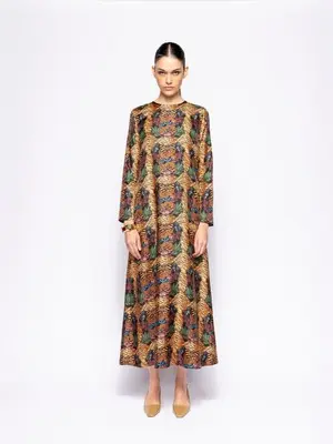 PAULA Dreamframe Print Silk Twill A-line Maxi Dress - Brown