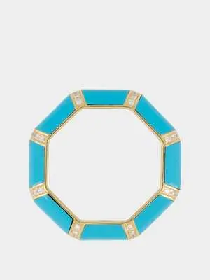 L'ATELIER NAWBAR Bamboo Ring With White Diamonds And Turquoise - Gold