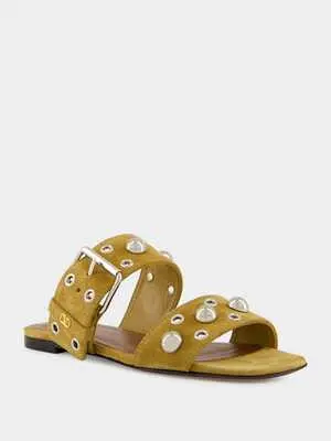 Valentino Garavani Crust Leather Studded Slide Sandals - Brown