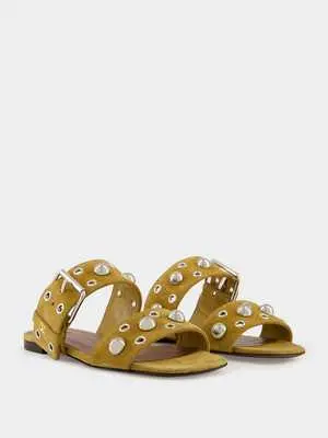 Valentino Garavani Crust Leather Studded Slide Sandals - Brown