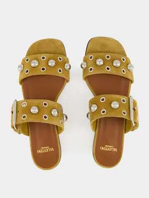 Valentino Garavani Crust Leather Studded Slide Sandals - Brown