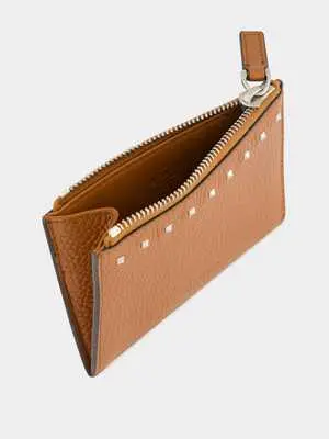 Valentino Garavani Selleria Leather Card Holder With Zip And Rockstuds - Brown