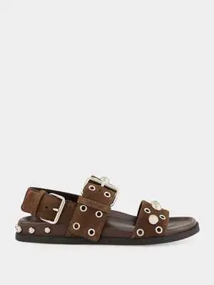 Valentino Garavani Nellcôte Flat Studded Suede Sandals - Brown