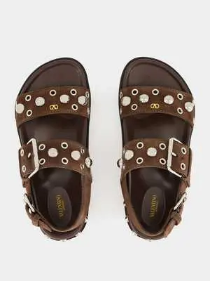 Valentino Garavani Nellcôte Flat Studded Suede Sandals - Brown