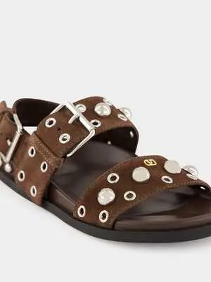 Valentino Garavani Nellcôte Flat Studded Suede Sandals - Brown