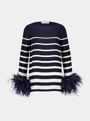 Valentino Garavani Striped Feather-trimmed Blouse - Blue