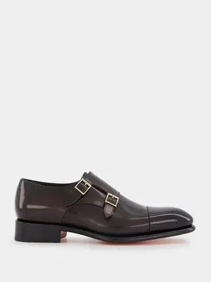 Santoni Leather Double-Buckle Shoes Brown