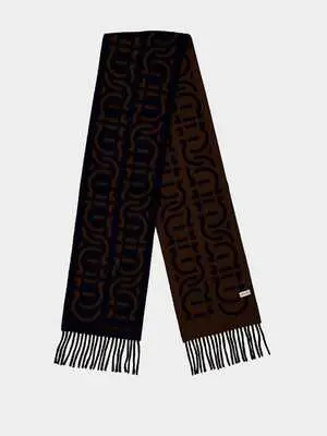 FERRAGAMO Gancini Jacquard Scarf In Espresso & Midnight - Blue