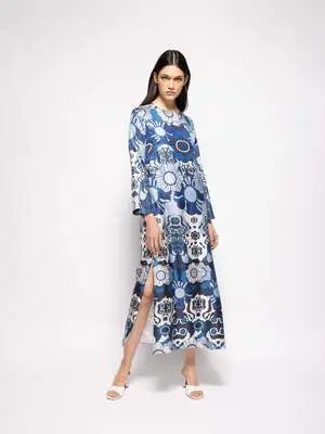 PAULA Shirley Flora Mix Printed Silk Twill A-line Dress - Blue