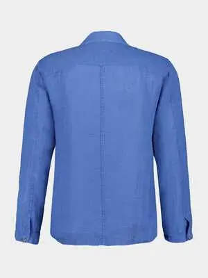 120% Lino Indigo Long-sleeve Linen Shirt With Front Pockets - Blue