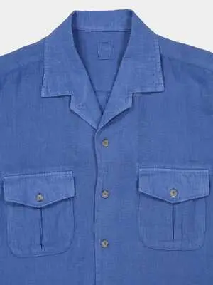 120% Lino Indigo Long-sleeve Linen Shirt With Front Pockets - Blue