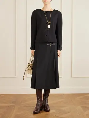 Chloé Pleated Leather-trimmed Grain De Poudre Wool Midi Skirt